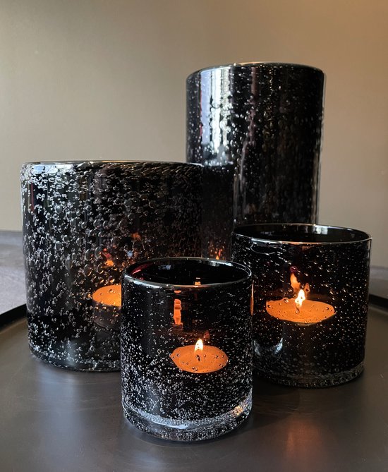 STILL - Glazen Windlicht - Waxinelichthouder - Bubbelglas - Black ...