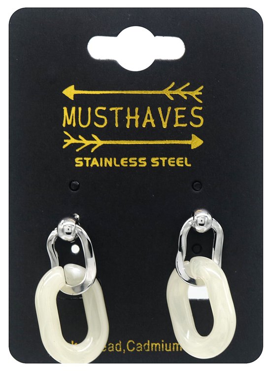 Oorbellen met Ovaal - RVS - 2,8 cm - Zilverkleurig en Beige | bol