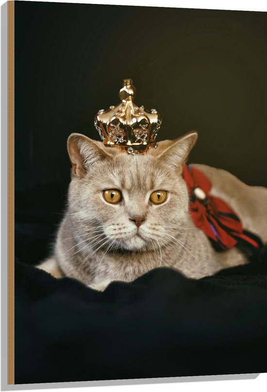 Hout - Kat als Koning met Kroontje - 70x105 cm - 9 mm dik - Foto op ...