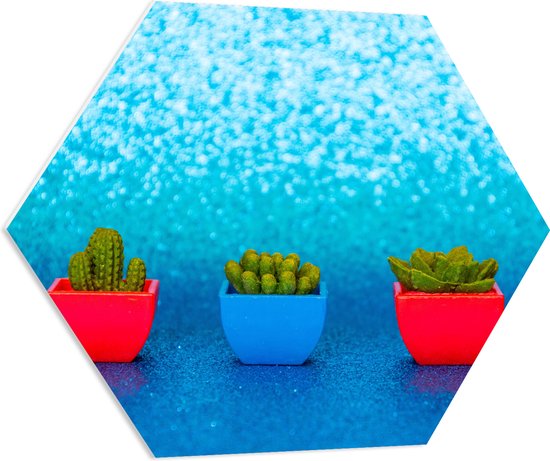 PVC Schuimplaat Hexagon - Trio van Rode en Blauwe Vaasjes met Groene ...