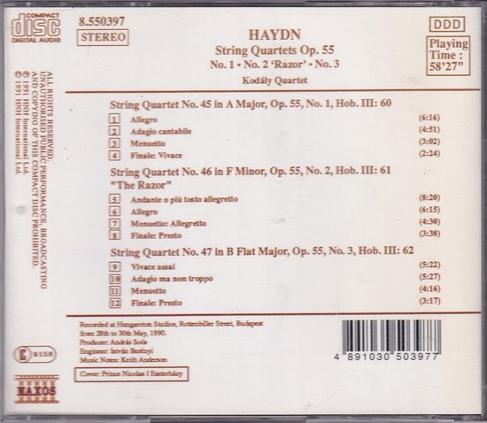 String Quartets Op. 55, nos 1-3 - Joseph Haydn - Kodály Quartet, Kodaly Quartet | Muziek | bol