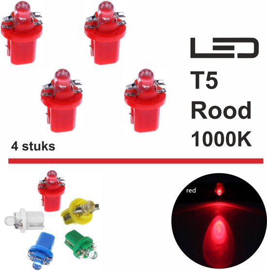 4x T5 1 LED B8.5d CANBus Led Lamp | ROOD | 400 Lumen | Type T59430-R ...