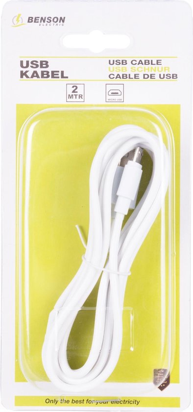 Benson USB naar Micro USB kabel - 2 meter - Wit - 480 Mbit/s - Voor ...
