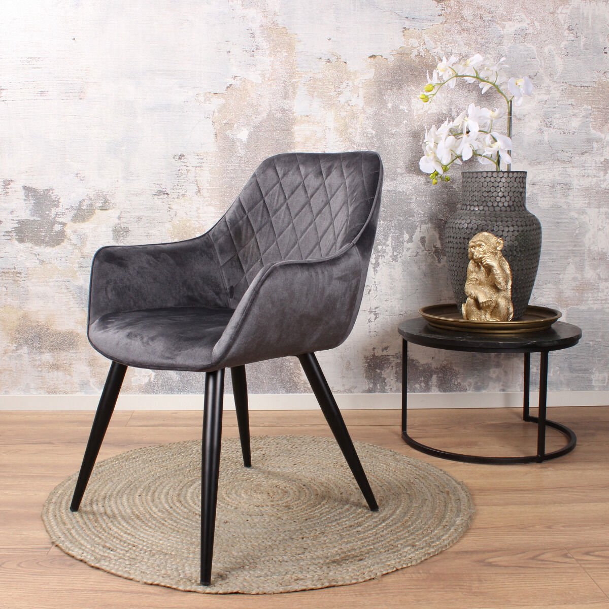 Ravi Vintage Eetkamerstoel Velvet Antraciet - Armstoel - Velours ...