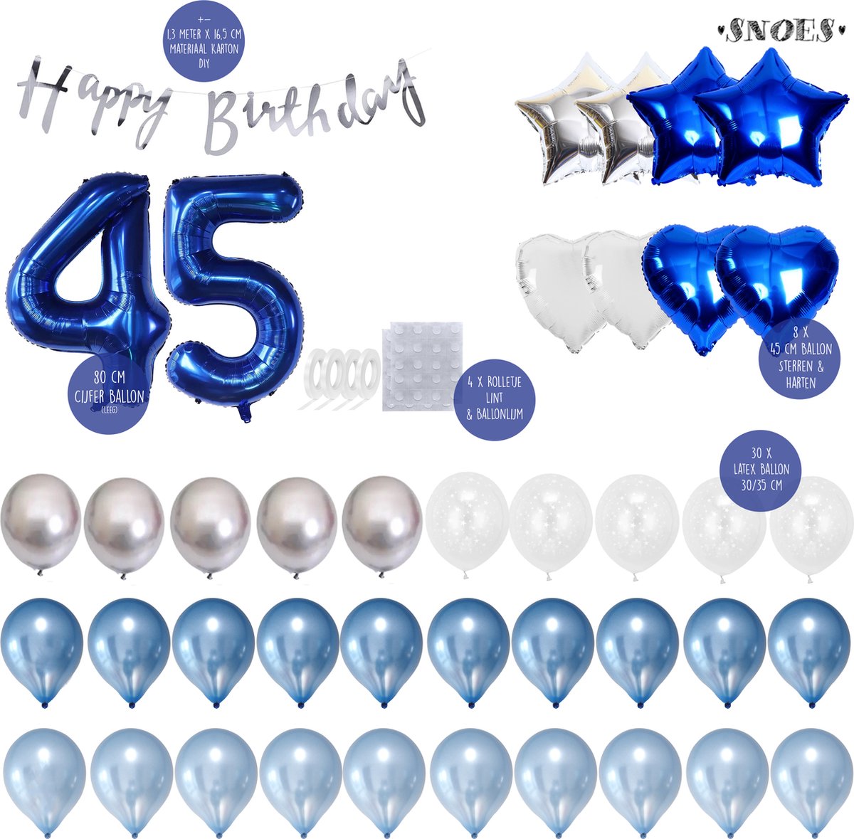Snoes Ballonnen 45 Jaar Set Mega Blauw Zilver Ballon - Compleet Feestpakket... | bol.com
