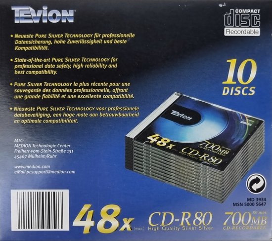 Tevion CD-Recordable 10 Discs Pure Silver Technology in slim case | bol