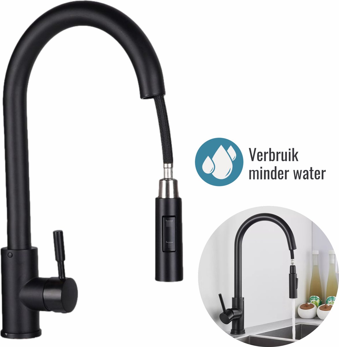 Mmoods Keukenkraan Zwart Uittrekbaar - Kraan Keuken 2 Standen - Keukenkraanslang met... | bol.com