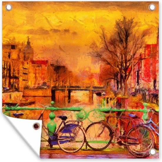Tuindoek Schilderij - Fiets - Amsterdam - Gracht - Olieverf - 100x100 ...
