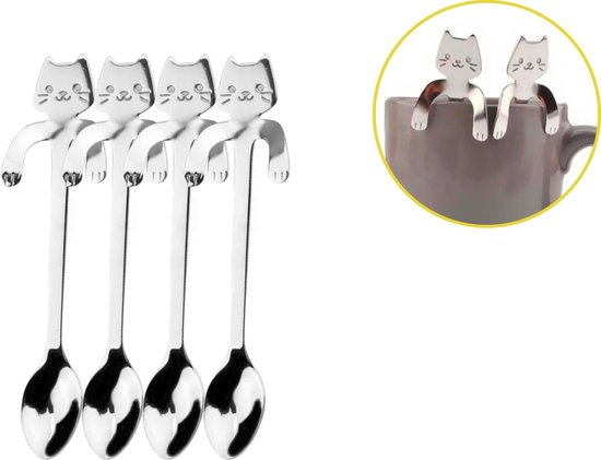 4 Theelepels Hangende Kat - Katten Koffielepel - RVS - Zilver | bol.com