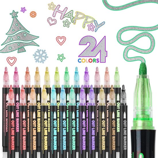 24 Kleuren Glitter Stiften Set met Dubbele Lijn voor Creatief ...