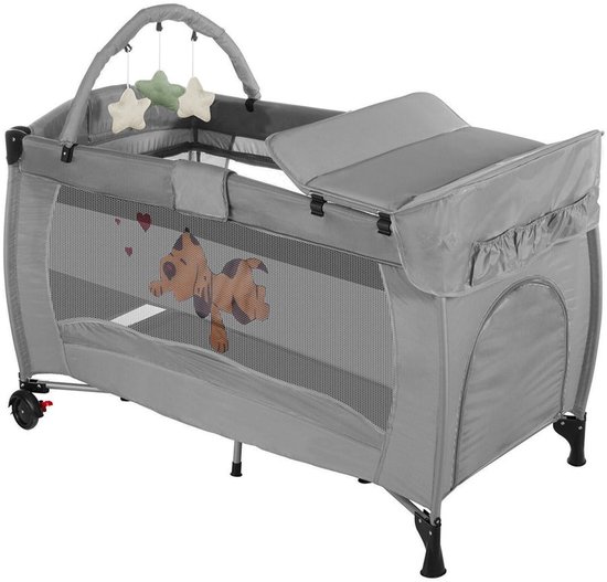 Travel cot with changing mat and play bridge, grey | bol