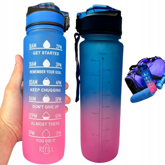 Sport Bidon 1000ml Tritan Fles met Rietje en Maatstreep - Roze/Blauw | bol