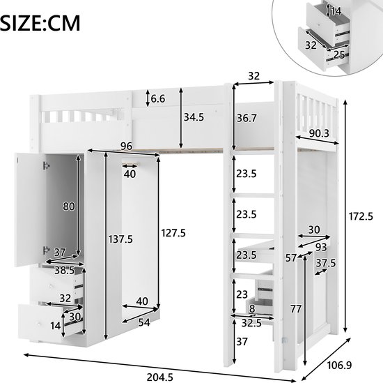 Sweiko Hoogslaper - 90x200cm - 4 lades - Opbergkast - Met bureau - Open ...