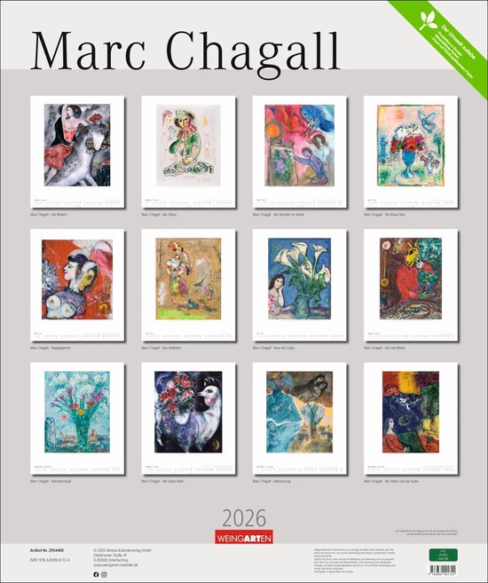 Calendrier Marc Chagall 2026 | bol