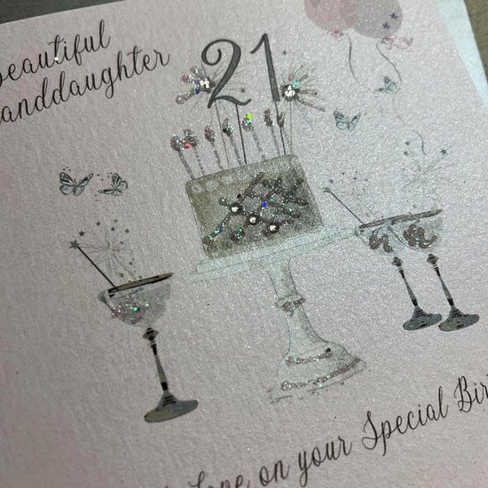 Handgemaakte Wenskaart 21e Verjaardag Kleindochter Roze Taart en Glazen ...