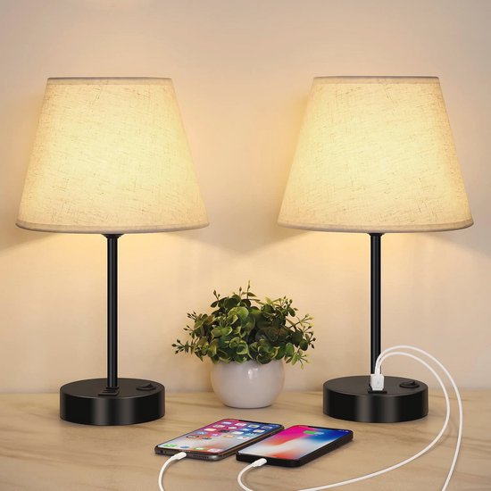 Set van 2 Moderne Tafellampen met USB-poorten voor Slaapkamer en ...