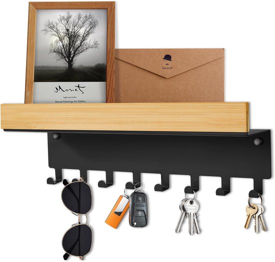 Houten Sleutelrek met Plank en 8 Haken voor Hal en Keuken | bol