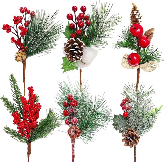Pack of 6 Kunstmatige Denn takken met Rode Bes Decoratie - Kersttakken ...