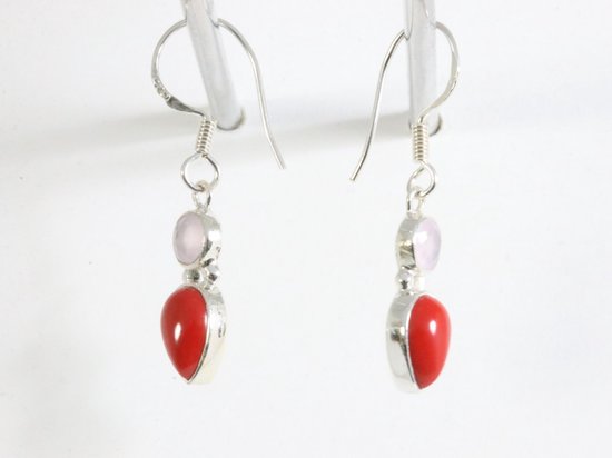 Fijne zilveren oorbellen met rode koraal steen en rozenkwarts | bol