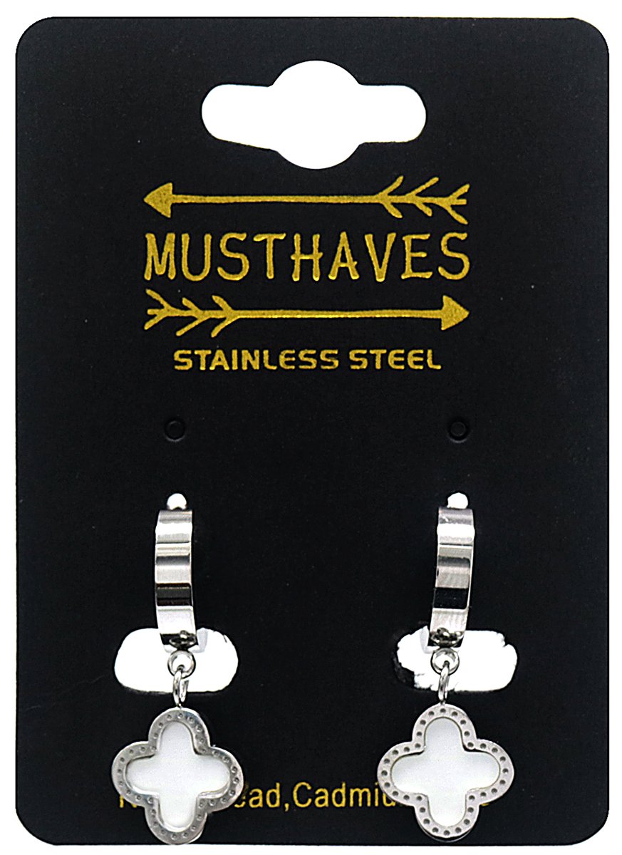 Oorbellen met Klaver - Oorringen - RVS - Zilverkleurig en Wit | bol.com