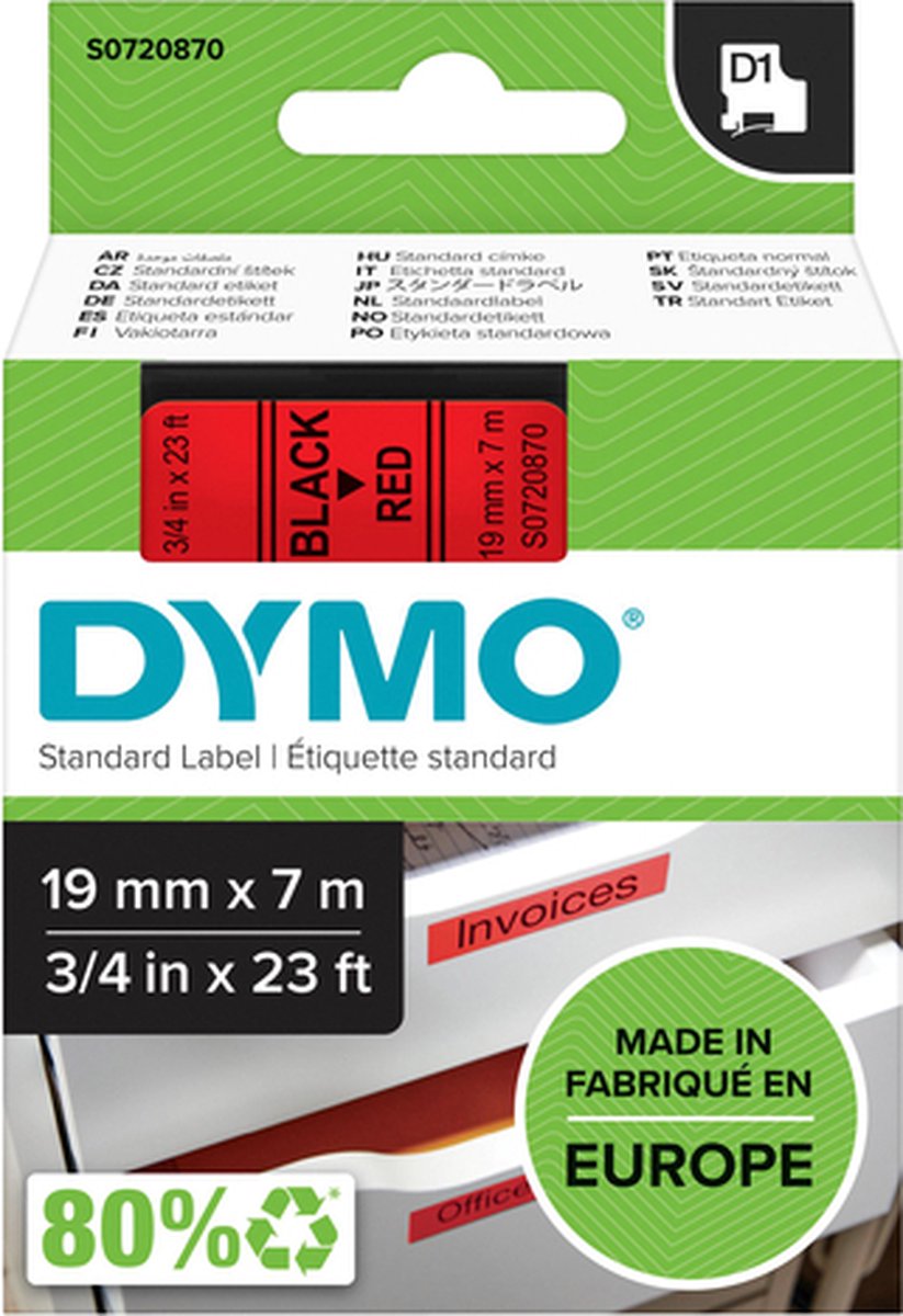 DYMO originele D1 labels | zwarte afdruk op rode tape | 19 mm x 7 m ...