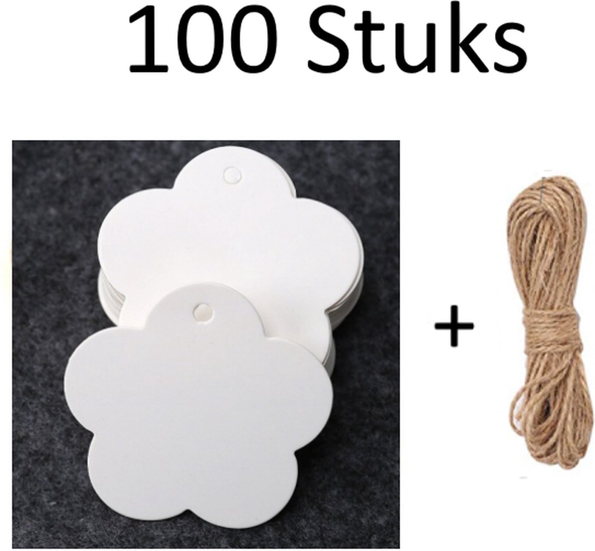 FISKA - 100x Cadeau Labels Kraftpapier / Karton Bloem Wit- 6cm x 6 cm ...