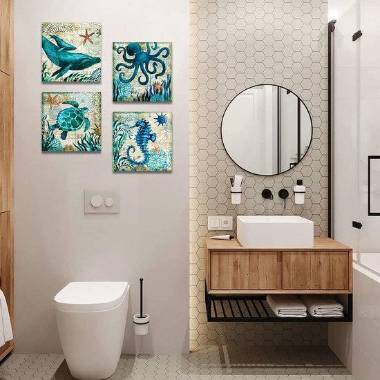 Artscope 4 stuks wanddecoratie canvas prints - blauwe oceaan wezens ...
