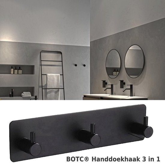 3 in 1 Design Haak - RVS Zelfklevend - Handdoekhaak - Zwart ...