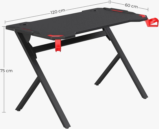 MIRA Home - Gamingtafel - Bureau - Zwart/Rood - Hout/Kunststof ...