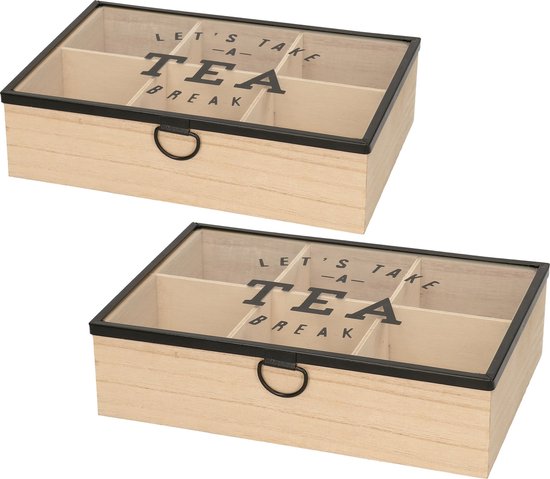 2x stuks houten theedoos bruin Tea break 6-vaks 25 cm | bol.com