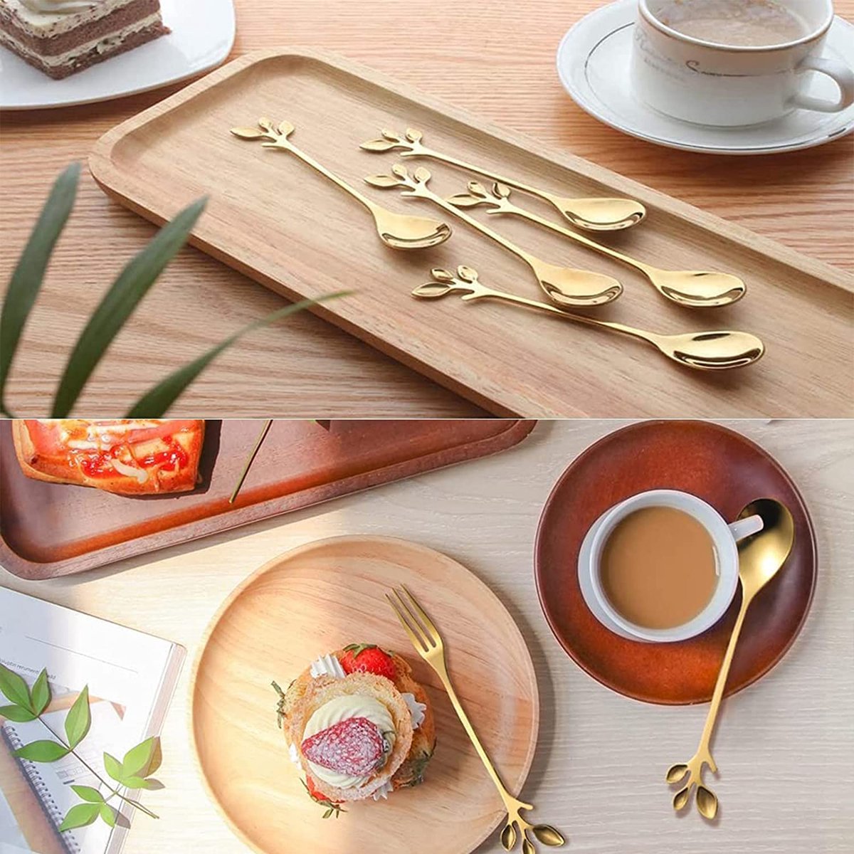 6 stuks roestvrij staal goud blad koffie lepel, Blad koffielepel, Rvs ...