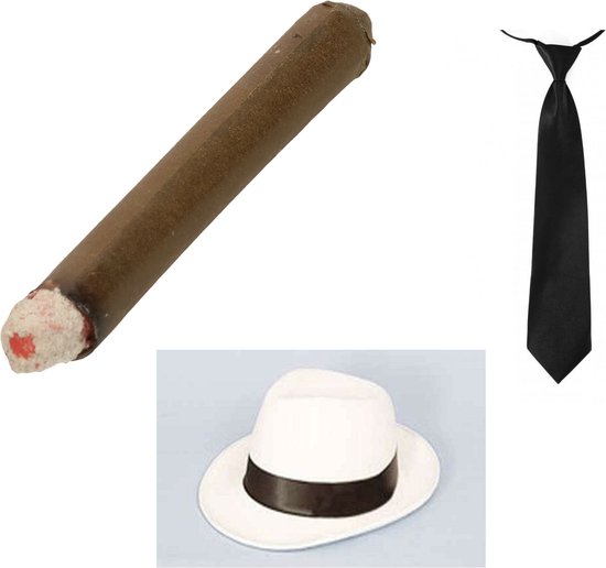 Smiffys - Gangster/maffia verkleed hoed wit - stropdas en vette sigaar ...