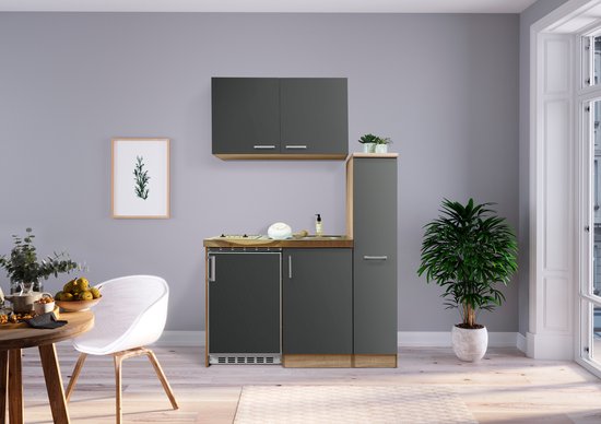Goedkope keuken 130 cm - mini keuken met apparatuur Levin - Eiken/Grijs ...