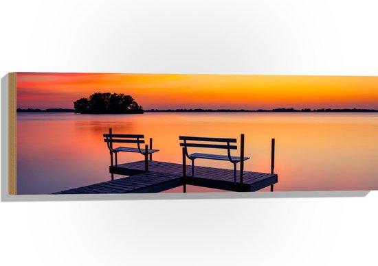 WallClassics - Hout - Bankjes op Vlonder bij Prachtige Zonsondergang ...