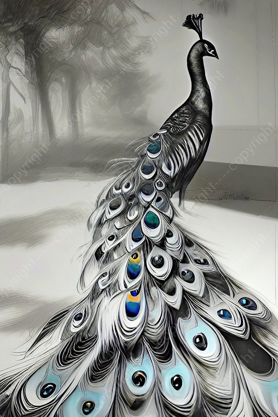 JJ-Art (Eco tuinposter) 90x60 | Pauw in geschilderde stijl - deels ...