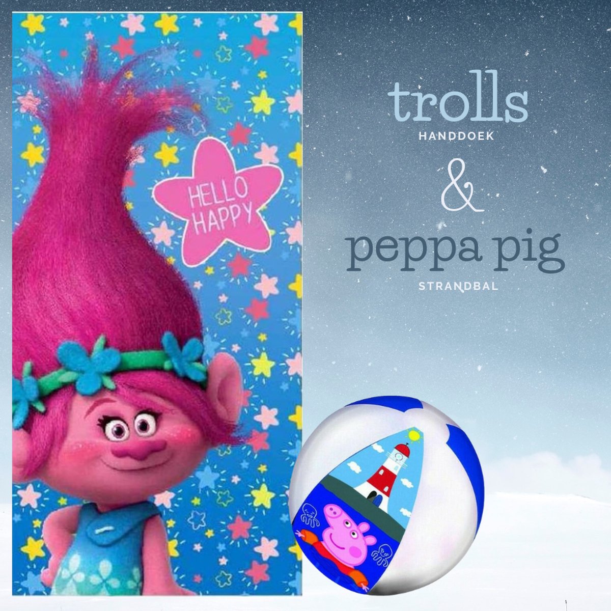 Trolls Handdoek met Peppa Pig Strandbal | Hello Happy | Strandhanddoek ...