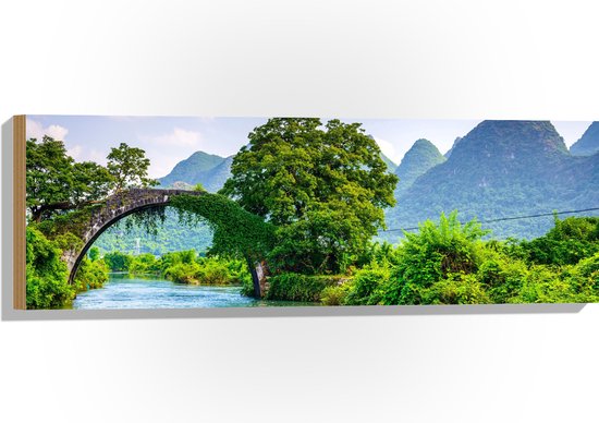 WallClassics - Hout - Begroeide Brug over Rivier in Berglandschap ...