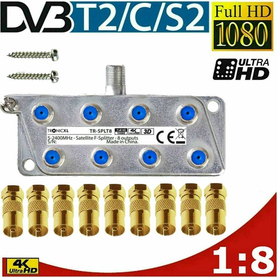 TronicXL 8-voudige premium coax-antenneverdeler HD 3D 4K verdeler ...