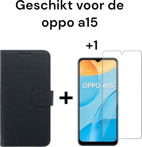 OPPO A15 bookcase hoesje kunstleren zwart met pas houder + 1x ...