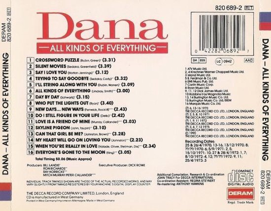 Dana - All Kinds Of Everything - CD Deram 820 689-2 - Eurovision, Dana ...