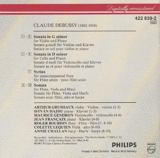 Debussy - 3 Sonatas . Syrinx - Arthur Grumiaux, Arthur Grumiaux | CD (album) | Muziek | bol.com