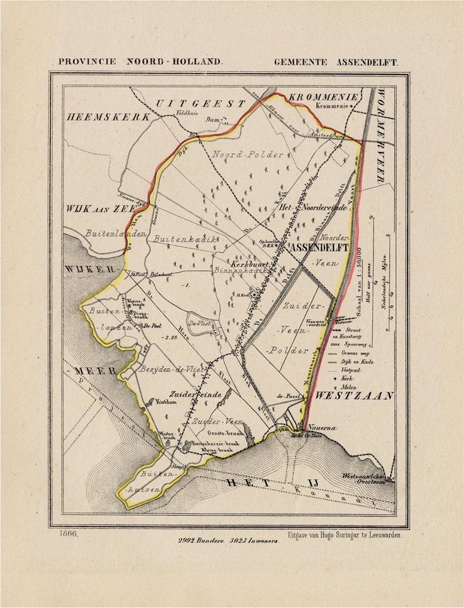 Historische kaart, plattegrond van gemeente Assendelft in Noord Holland ...