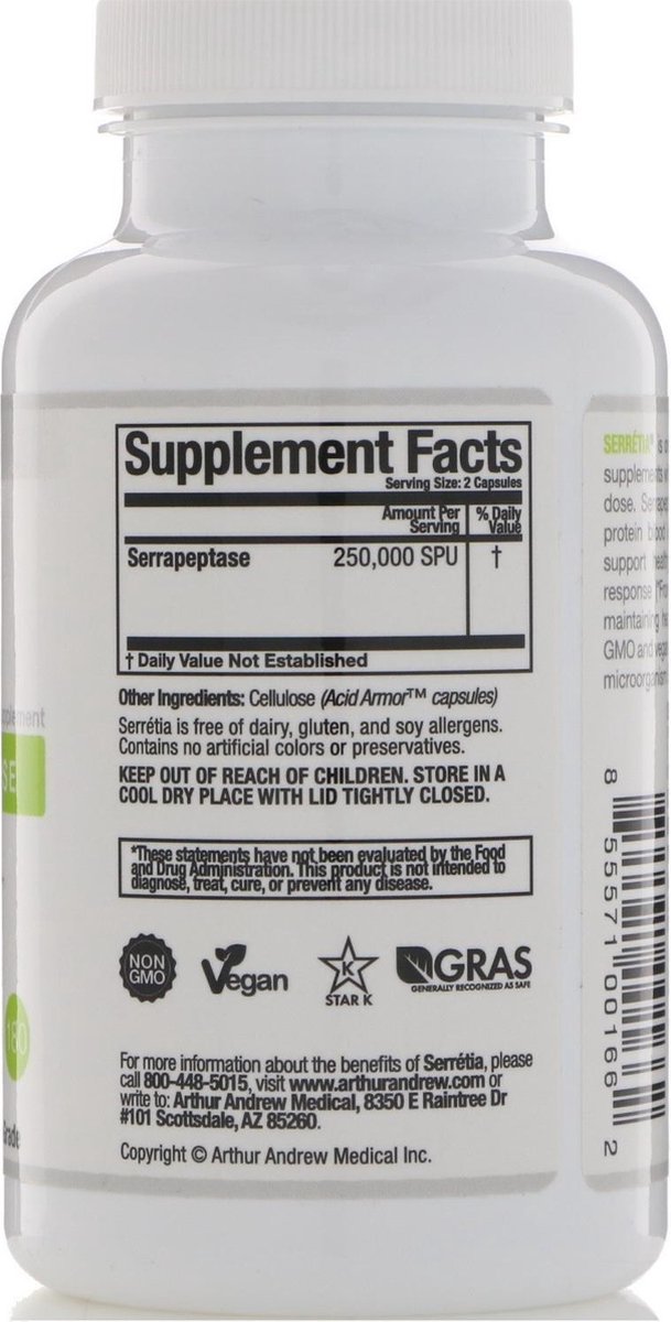 Arthur Andrew Medical - Serretia (Pure Serrapeptase) - 500mg 250.000 ...
