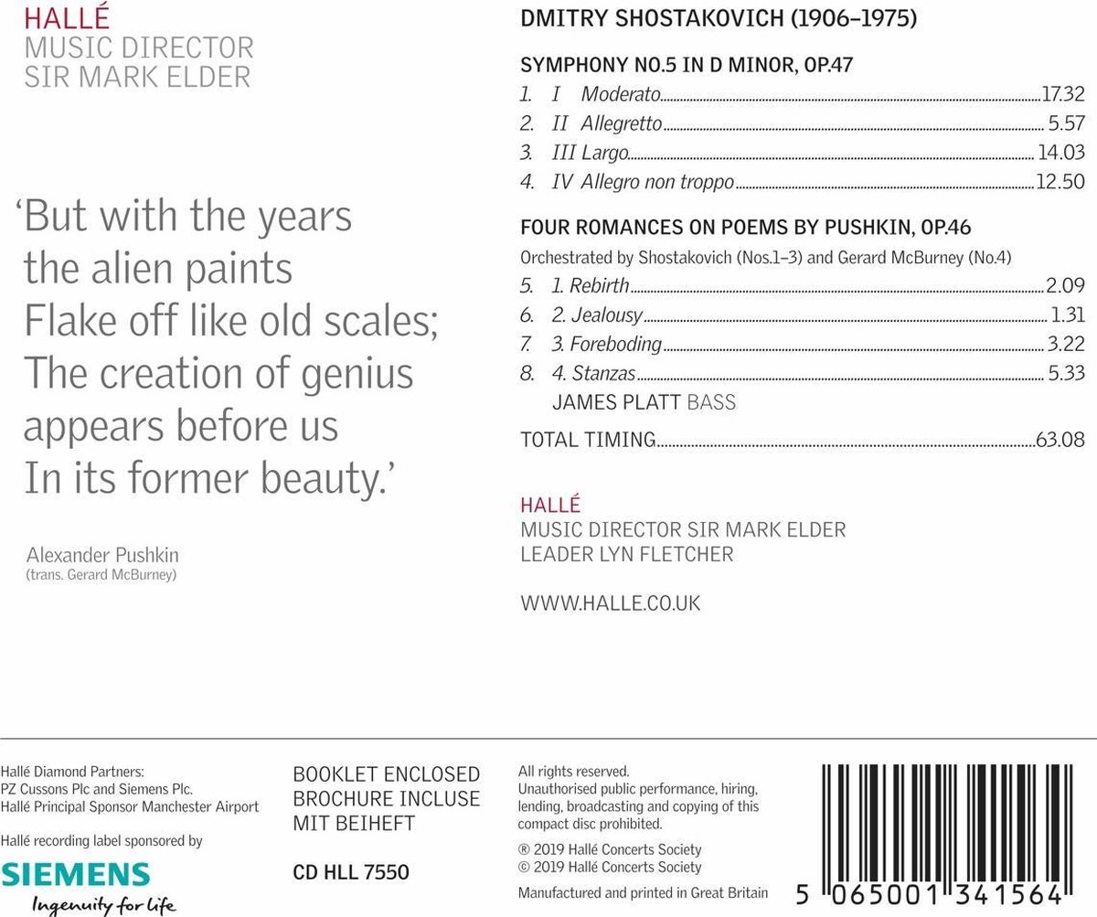 Shostakovich: Symphony No. 5 / Four Romances On Poems By Pushkin, Hallé ...