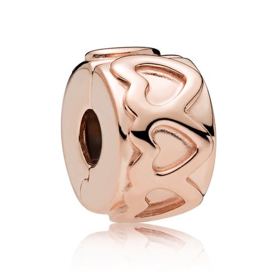 Pandora Rose 781978 Clip-Stopper Bedel zilver rosekleurig Row of Hearts ...