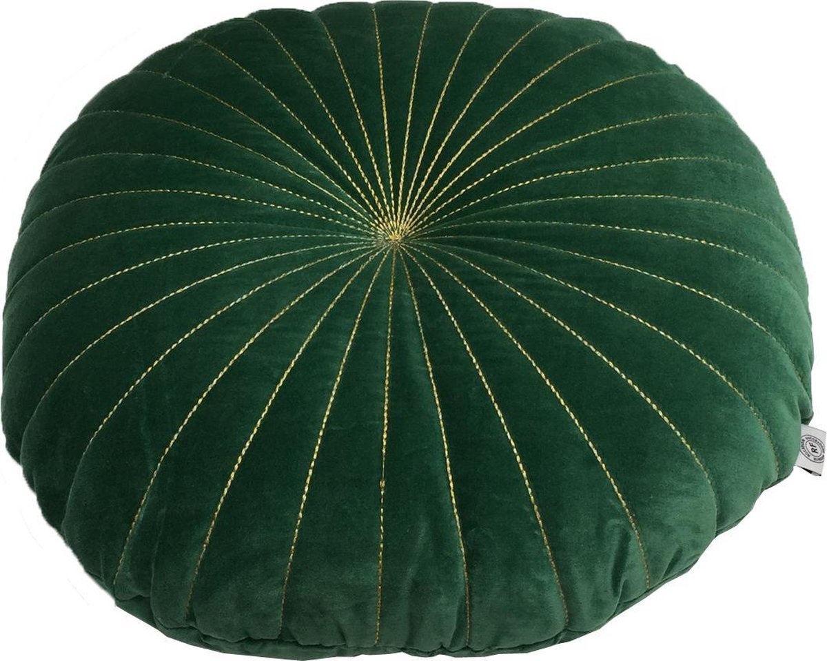 Rocaflor Kussen Rond Velours Fluweel Groen Bosgroen met goud stiksel ...