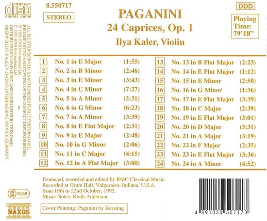 Paganini: 24 Caprices Op. 1 / Ilya Kaler, N Paganini | CD (album) | Muziek | bol.com