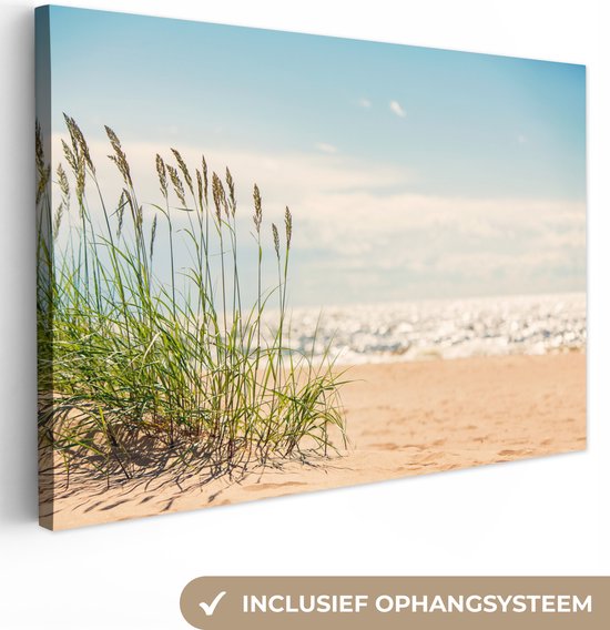 Canvas schilderij - Strand - Gras - Zee - Golf - Canvas doek - 30x20 cm - Schilderijen... | bol