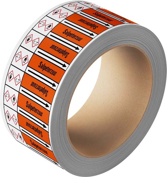 Salpeterzuur leidingmarkering op rol, 25 meter 75 mm | bol