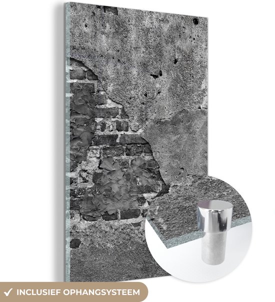 Glasschilderij zwart wit - Muur - Baksteen - Cement - Beton - Zwart ...